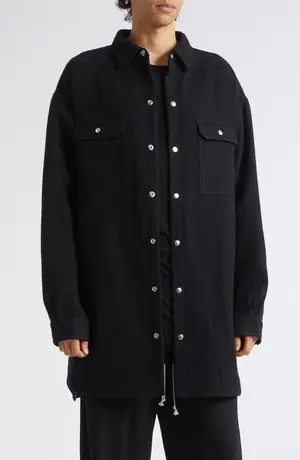 Rick Owens Oversize Tower Wool Melton Snap-up Overshirt - Black