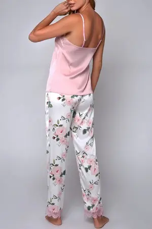 ICOLLECTION Lace Trim Satin Cami & Floral Pants Pajama Set