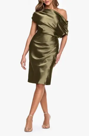 Betsy & Adam One-shoulder Ruched Satin Charmeuse Cocktail Dress - Olive