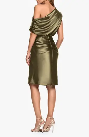 Betsy & Adam One-shoulder Ruched Satin Charmeuse Cocktail Dress - Olive