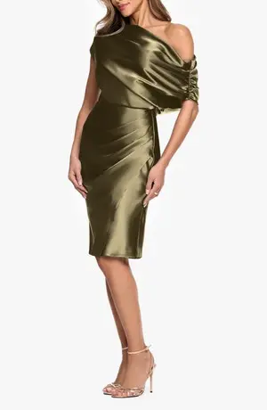 Betsy & Adam One-shoulder Ruched Satin Charmeuse Cocktail Dress - Olive