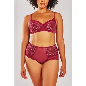 ICOLLECTION Two-toned Lace Bra & High-waist Panty Set - Wine