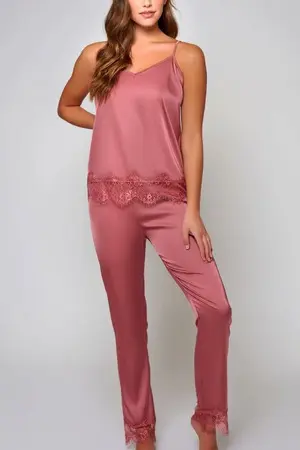 ICOLLECTION Stretch Satin Lace-trim Pajama Set - Wine