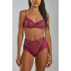 ICOLLECTION Two-toned Lace Bra & High-waist Panty Set - Wine