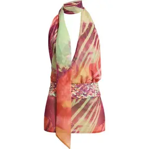JADED LONDON Abstract Print Plunge Scarf Neck Minidress - Pink