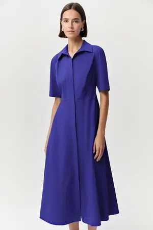 EXQUISE Alda Short Sleeve Shirt Collar Midi Dress - Sax