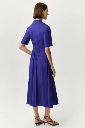 EXQUISE Alda Short Sleeve Shirt Collar Midi Dress - Sax