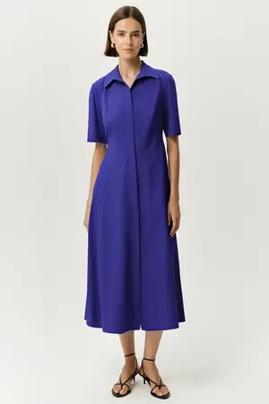EXQUISE Alda Short Sleeve Shirt Collar Midi Dress - Sax