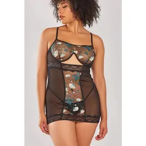 ICOLLECTION Embroidered Mesh Peekaboo Chemise Set - Teal-black