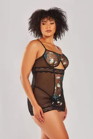 ICOLLECTION Embroidered Mesh Peekaboo Chemise Set