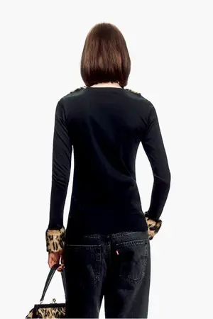Anna Sui Deco Tees Long Sleeve With Faux Fur Accents