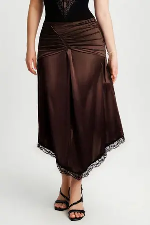 POPILUSH Satin Ruched Mermaid Skirt With Lace Trim And Built-in Shapewear - Chocolate