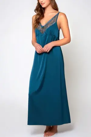 ICOLLECTION Satin Embroidered Mesh Long Nightgown