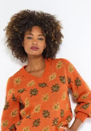 JOE BROWNS Comfy Leafy Pullover V-neck Sweater - Falling Leaf Print