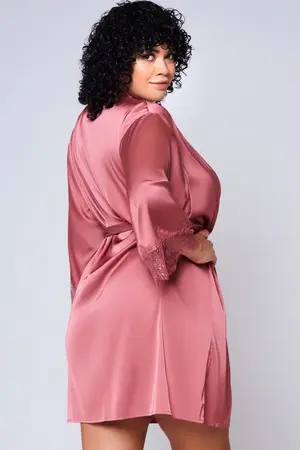 ICOLLECTION Stretch Satin Lace-trim Robe