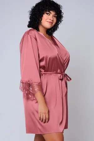 ICOLLECTION Stretch Satin Lace-trim Robe