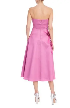 Badgley Mischka Beaded Floral Appliqué Strapless Cocktail Dress - Rose