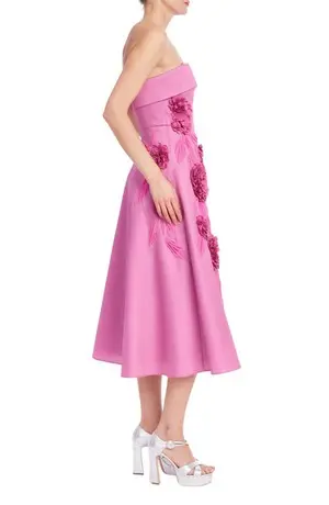Badgley Mischka Beaded Floral Appliqué Strapless Cocktail Dress - Rose