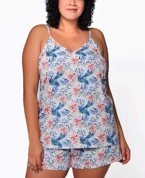 ICOLLECTION Tropical Floral Cami & Shorts Pajama Set - Cream
