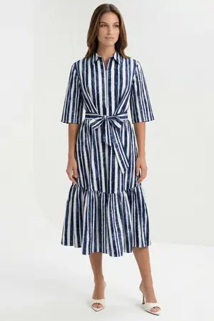 EXQUISE Darcio Striped Midi Shirt Dress - Sax