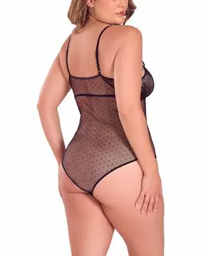 ICOLLECTION Strappy Floral Lace & Dotted Mesh Bodysuit
