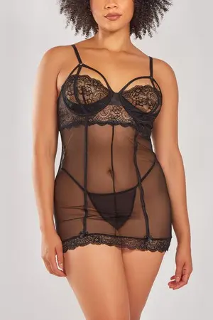 ICOLLECTION Romantic Lace Soft Cup Chemise & Panty Set - Black