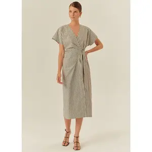 EXQUISE Stripe Wrap Midi Dress - Khaki Bone