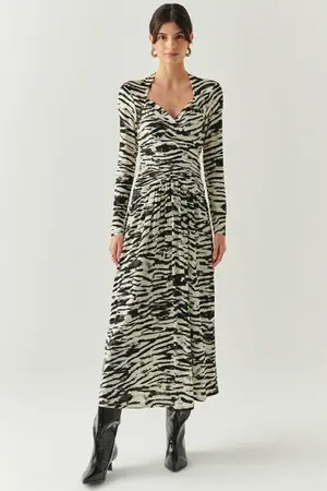 EXQUISE Keilani Midi Dress With Wrap Neck And Long Sleeves