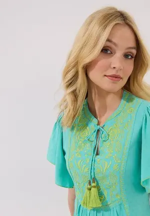 JOE BROWNS Embroidered Flutter Sleeve Top With Tassel Detail - Scroll Embroidery