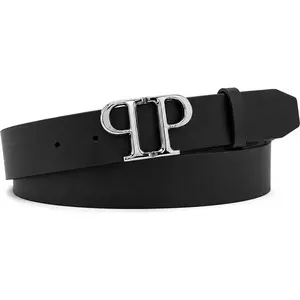 Philipp Plein Symmetrical Logo Leather Belt - Black/nickel