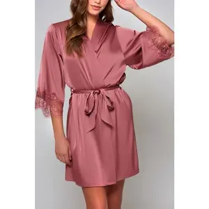 ICOLLECTION Stretch Satin Lace-trim Robe - Wine
