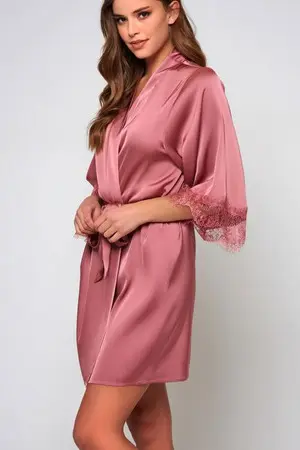 ICOLLECTION Stretch Satin Lace-trim Robe
