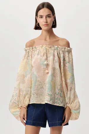 EXQUISE Off Shoulder Floral Print Ramie Blouse - Multi Color