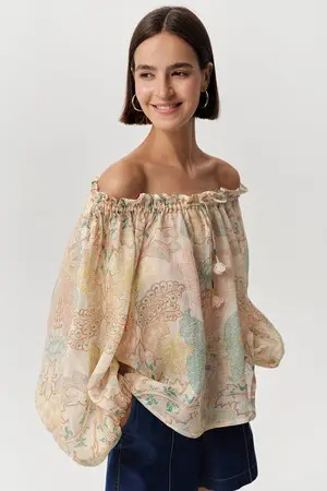 EXQUISE Off Shoulder Floral Print Ramie Blouse