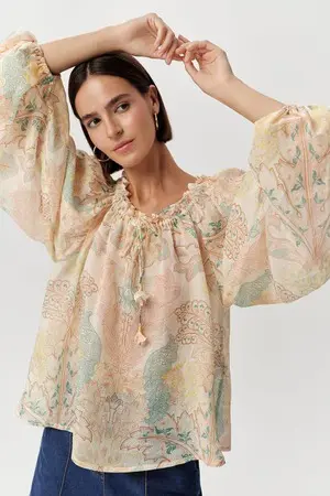 EXQUISE Off Shoulder Floral Print Ramie Blouse