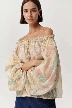 EXQUISE Off Shoulder Floral Print Ramie Blouse