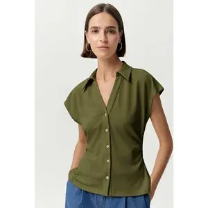 EXQUISE Siennal Short Sleeve Knit Shirt With Gathered Waist