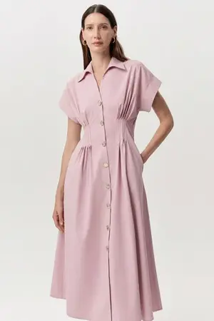 EXQUISE Reilly Shirt Collar Midi Dress - Pink