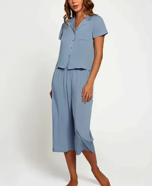 ICOLLECTION Short Sleeve Shirt & Wide-leg Pants Pajama Set