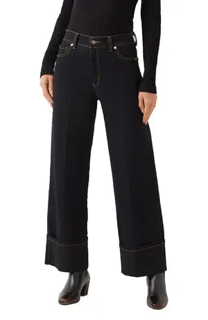 Karen Kane Cropped Wide Leg Jeans With Cuffed Hem - Black