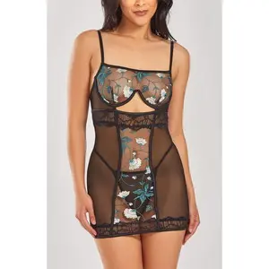 ICOLLECTION Embroidered Mesh Peekaboo Chemise Set - Teal-black