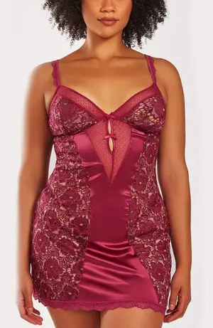 ICOLLECTION Two-toned Lace & Satin Chemise Set - Wine