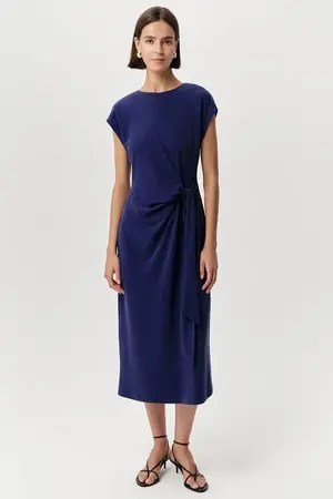 EXQUISE Crew Neck Knit Midi Dress With Self-tie Waist - Navy