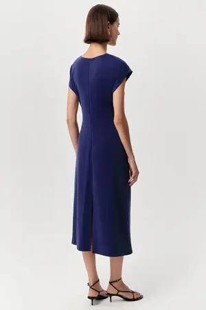 EXQUISE Crew Neck Knit Midi Dress With Self-tie Waist - Navy