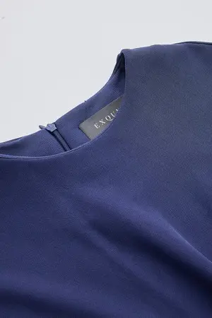 EXQUISE Crew Neck Knit Midi Dress With Self-tie Waist - Navy