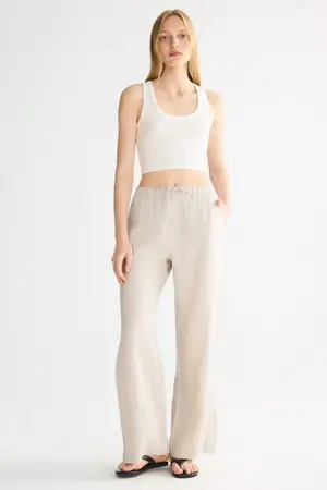 OROLAY Oversized Linen Wide-leg Drawstring Pants - Beige