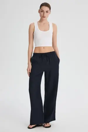 OROLAY Oversized Linen Wide-leg Drawstring Pants - Navy
