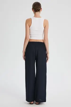 OROLAY Oversized Linen Wide-leg Drawstring Pants - Navy