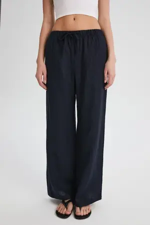 OROLAY Oversized Linen Wide-leg Drawstring Pants - Navy