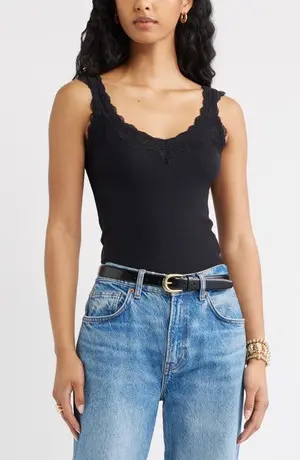 OPEN EDIT Lace Trim Ribbed Tank - Black